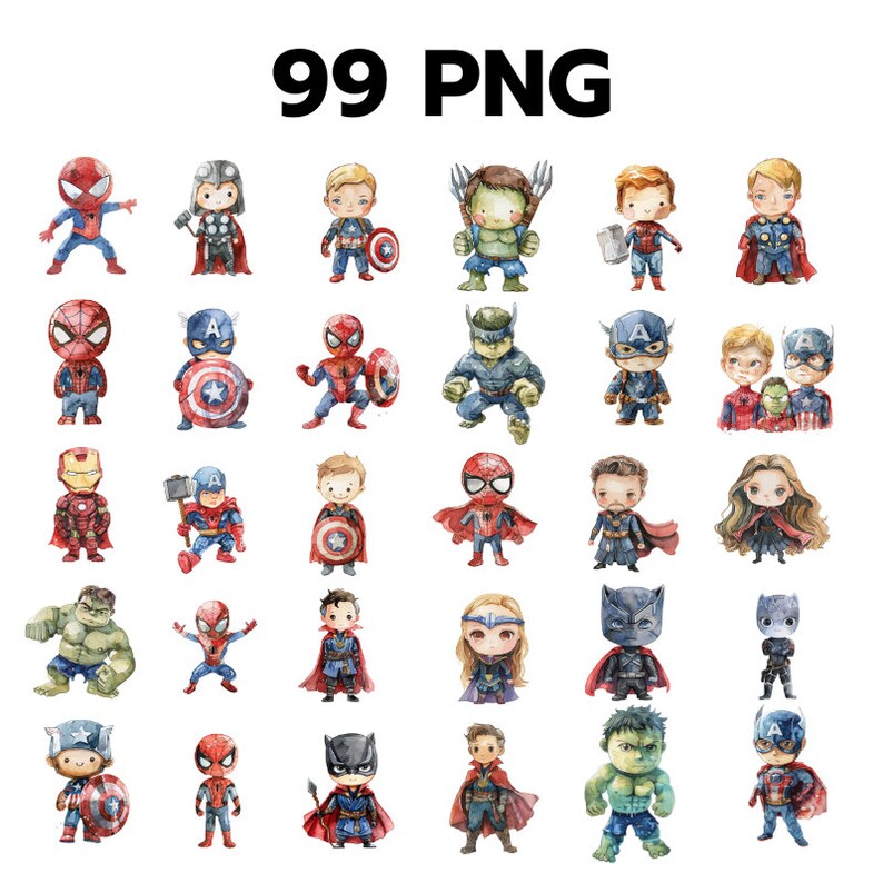 Superhero Watercolor Clipart Bundle - 99 Pngs, 300 DPI, Digital ...