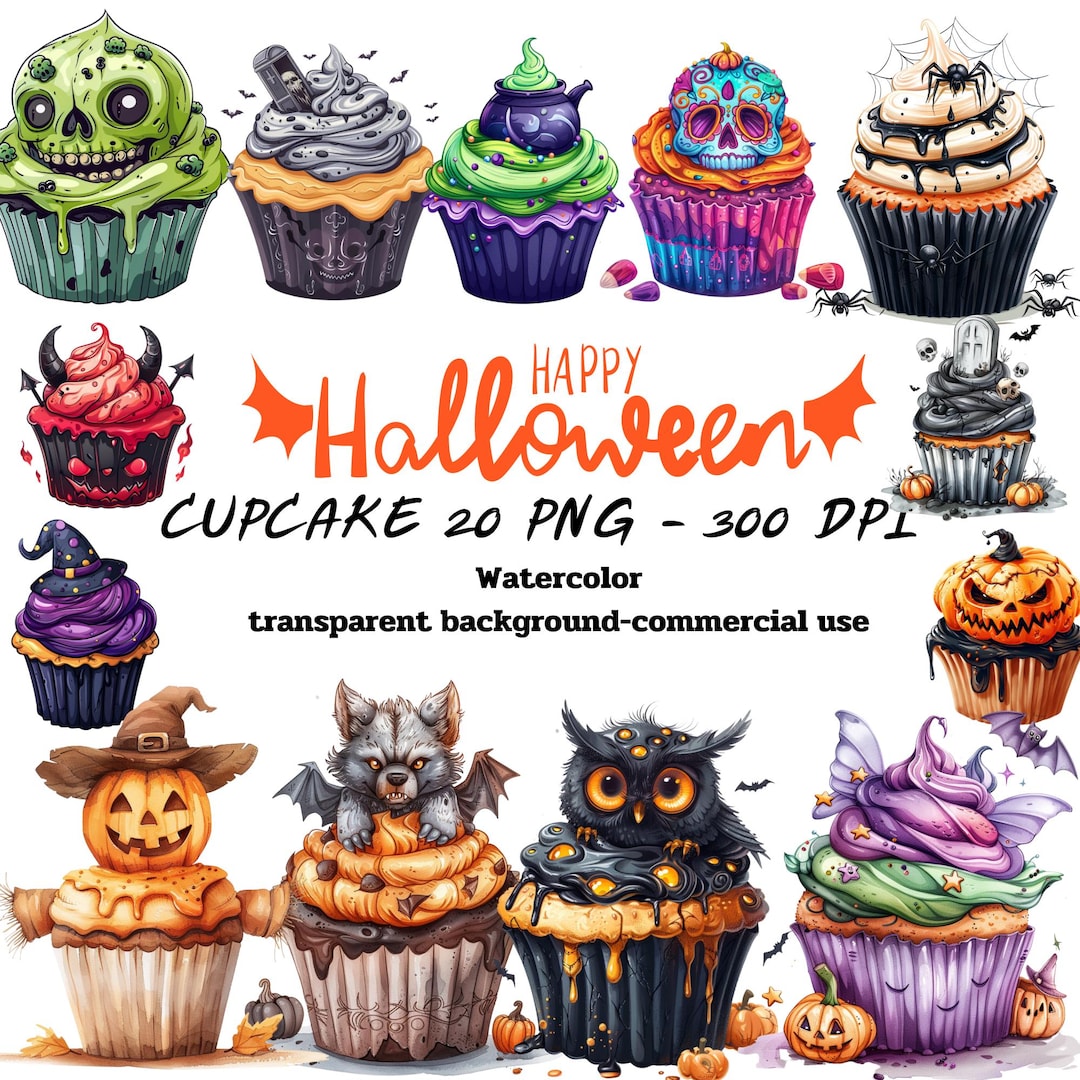 Halloween Watercolor Cupcake Clipart - 20 PNG | 300 DPI | Transparent ...