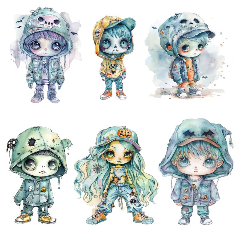 Watercolor Cute Halloween Zombie Character Clipart Bundle | Sublimation ...