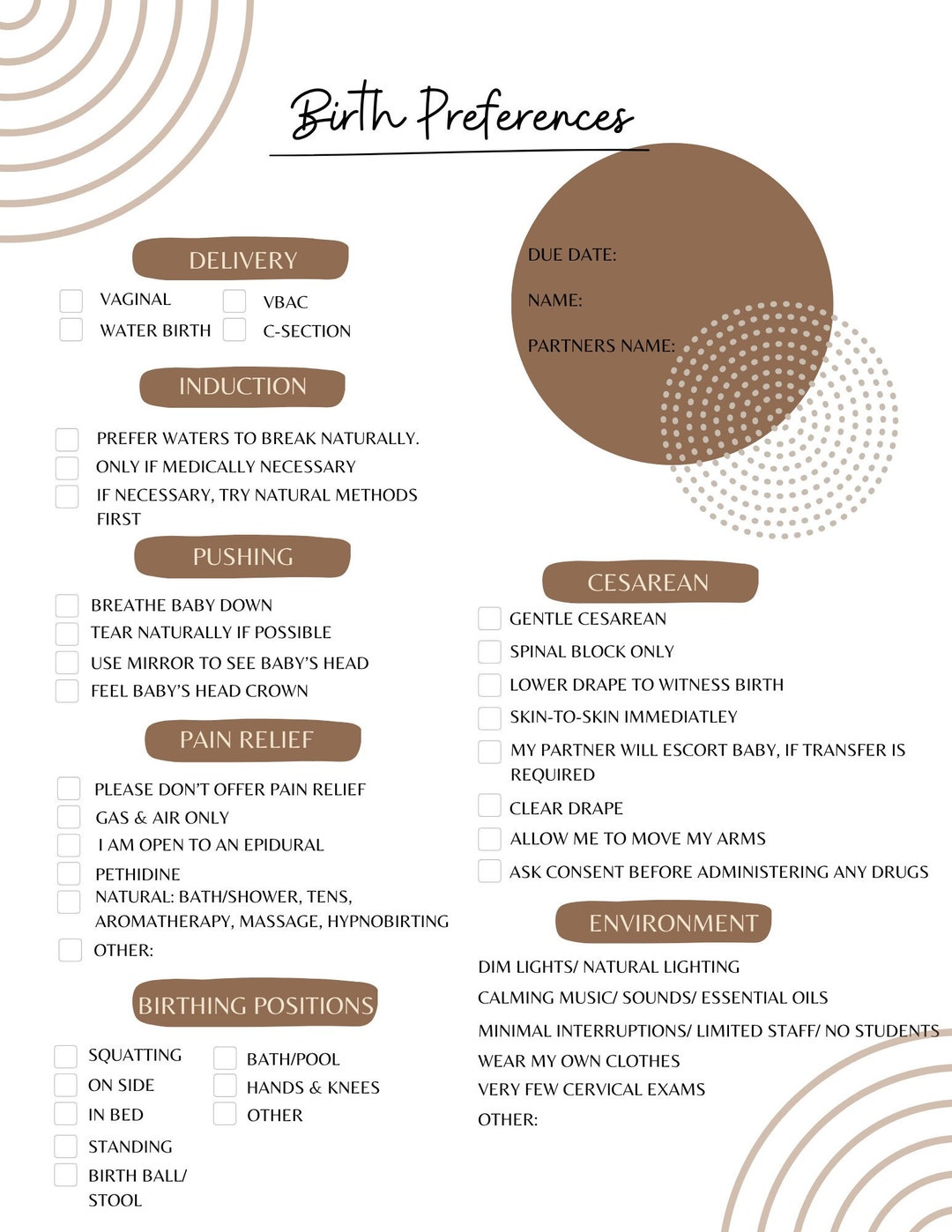 Birth Preferences Template / Checklist / Organiser / Pregnancy ...