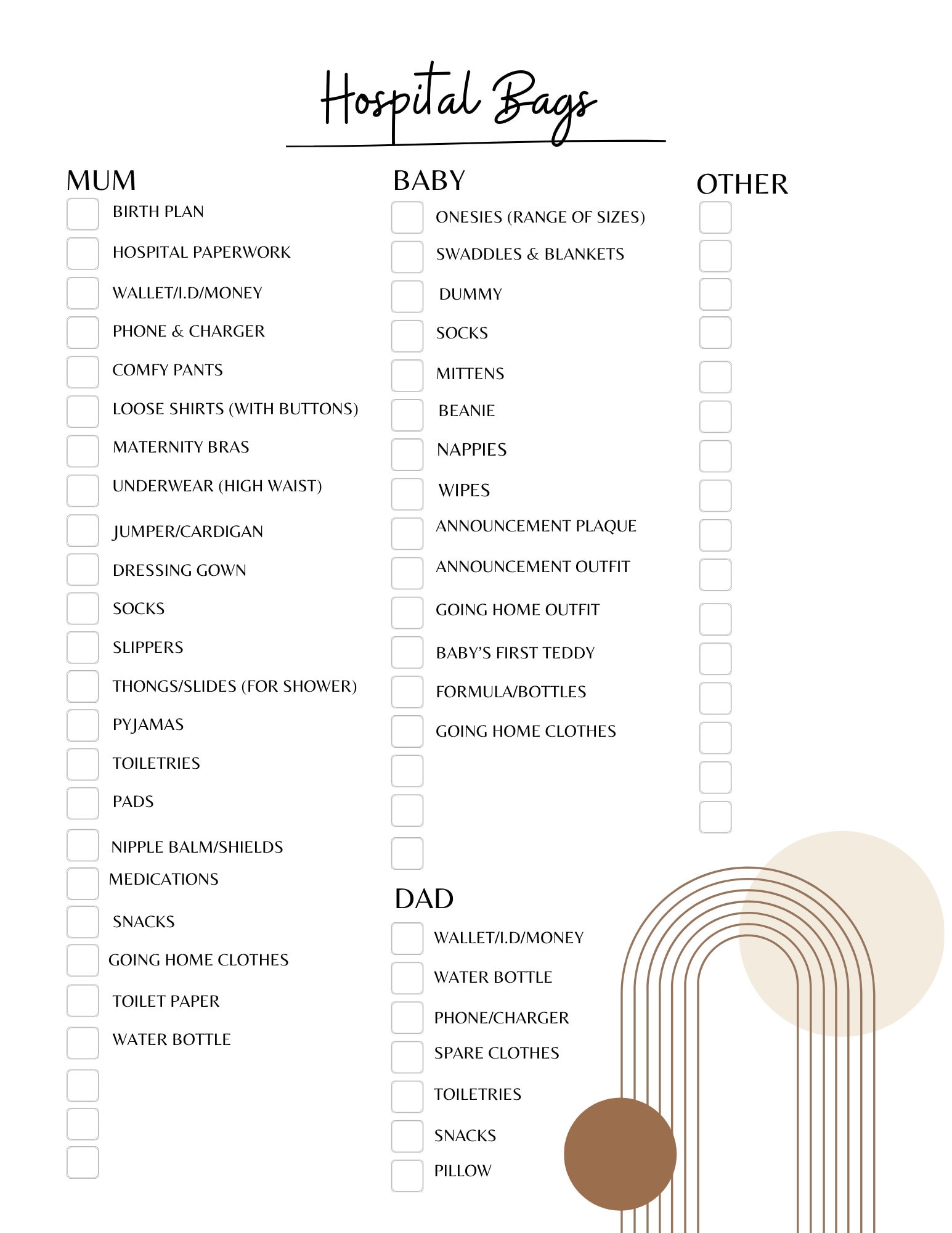 Mum and Baby Hospital Bag Checklist / Instant Download / Fully ...