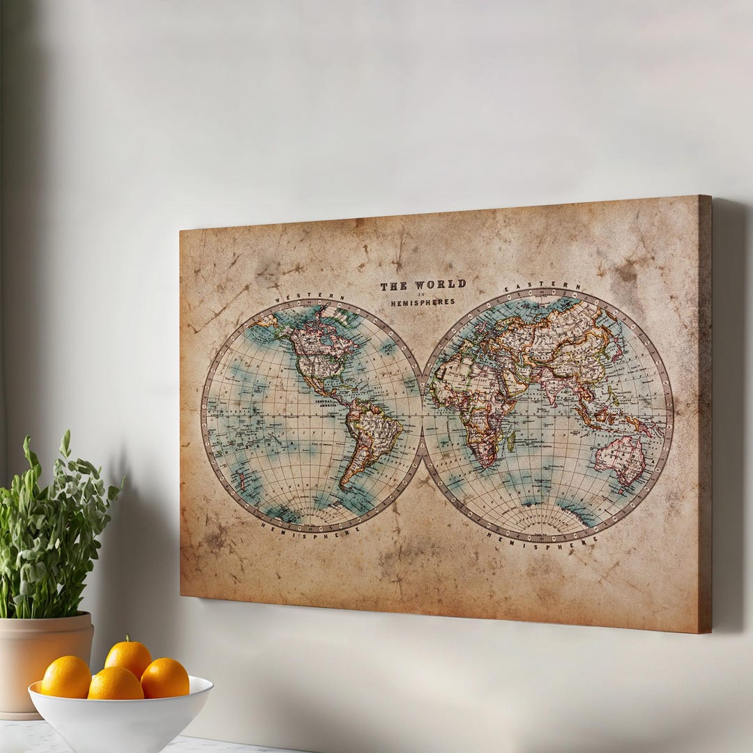 Vintage Retro World Map Painting, Framed Canvas Wall Art, Modern Canvas ...