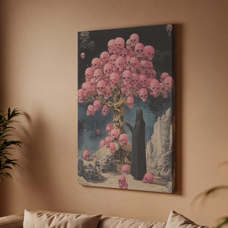 Pink Skull Tree Canvas Art, Gothic Surreal Death Artwork, Dark Fantasy ...