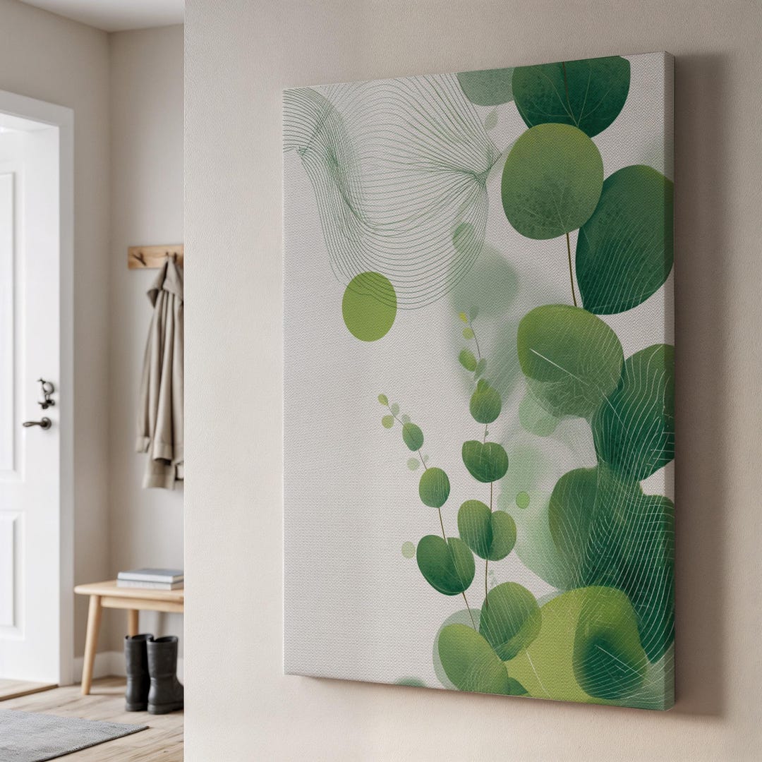 Abstract Green Botanical Canvas Art, Organic Flowing Shapes and Lines ...