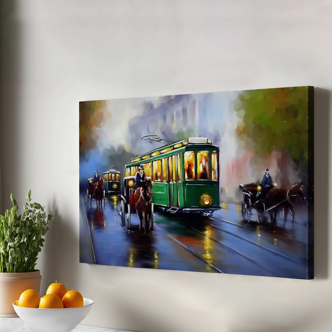 Vintage Tram Retro Oil Painting Style Decorative Canvas Wall Art ...