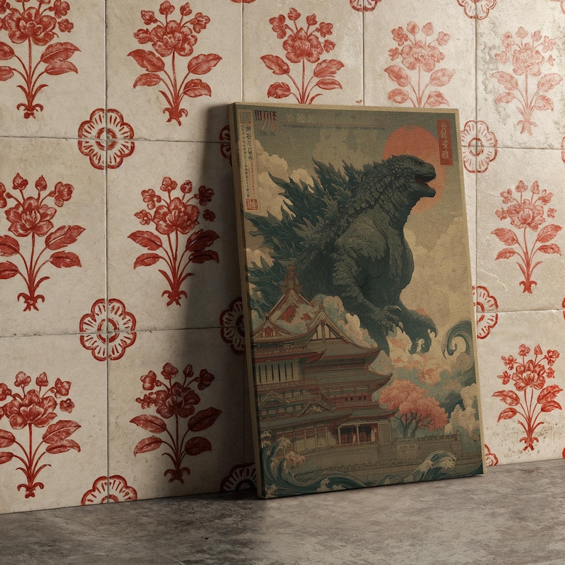 Godzilla Vintage Canvas Art, Japanese Monster Illustration With Pagoda ...