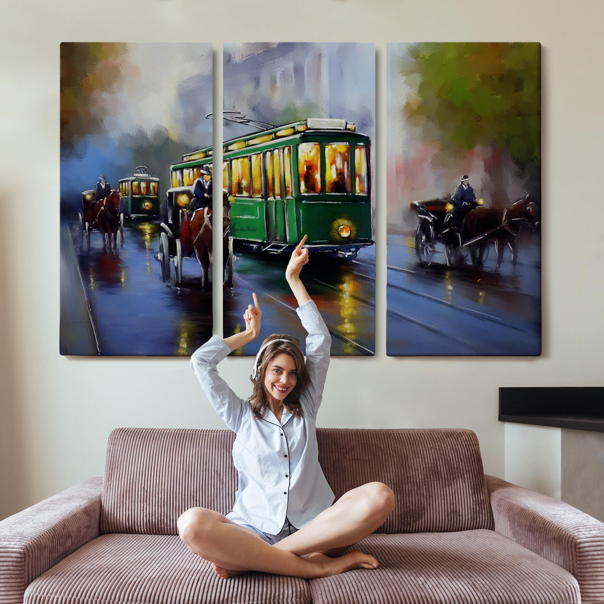 Vintage Tram Retro Oil Painting Style Decorative Canvas Wall Art ...