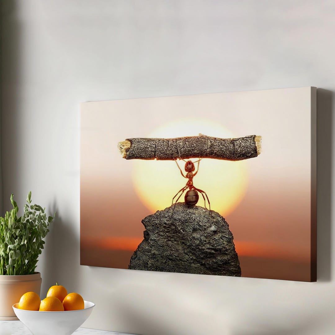 Strong Ant Canvas Wall Art, Ant Lifting Tree, Motivation Print, Large ...