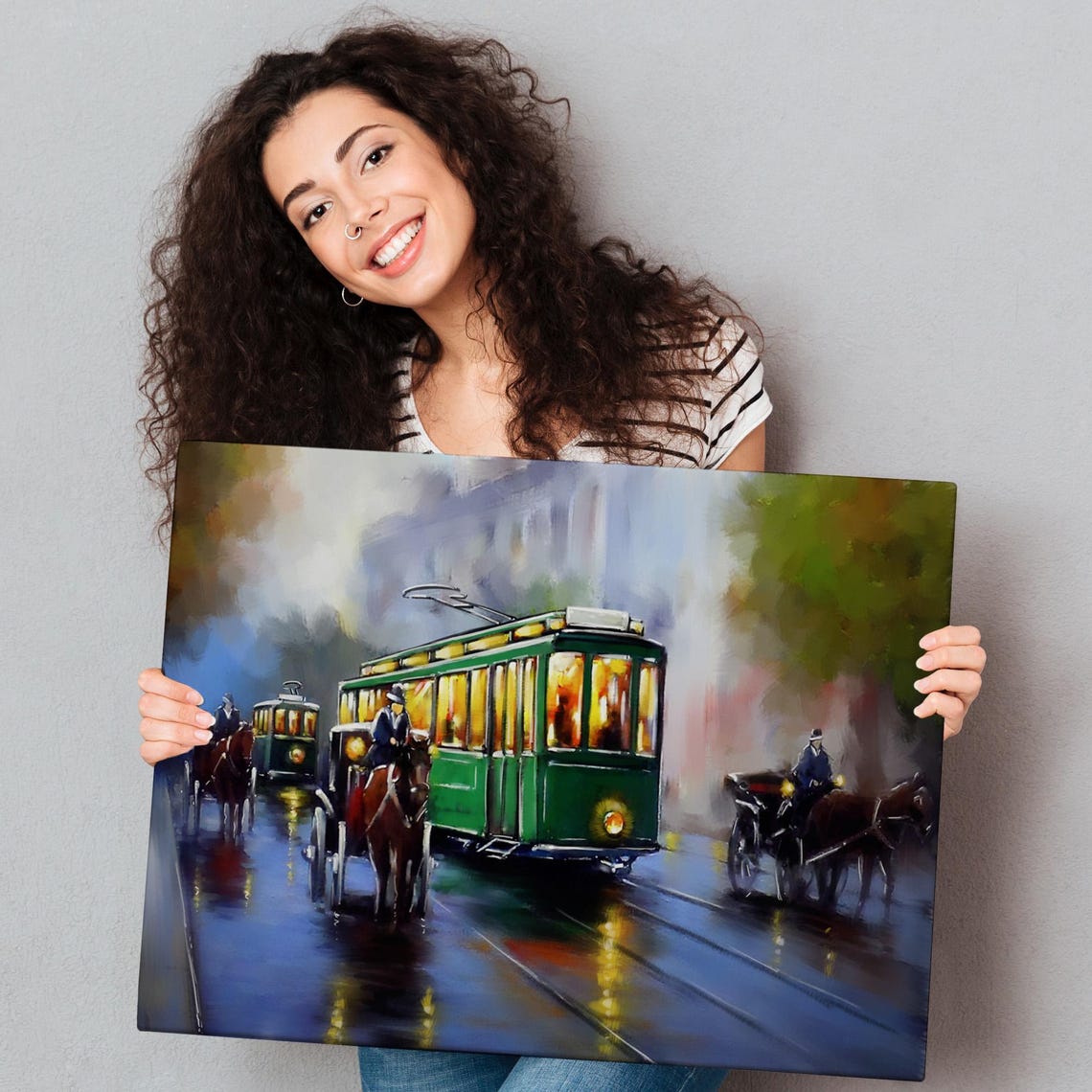 Vintage Tram Retro Oil Painting Style Decorative Canvas Wall Art ...