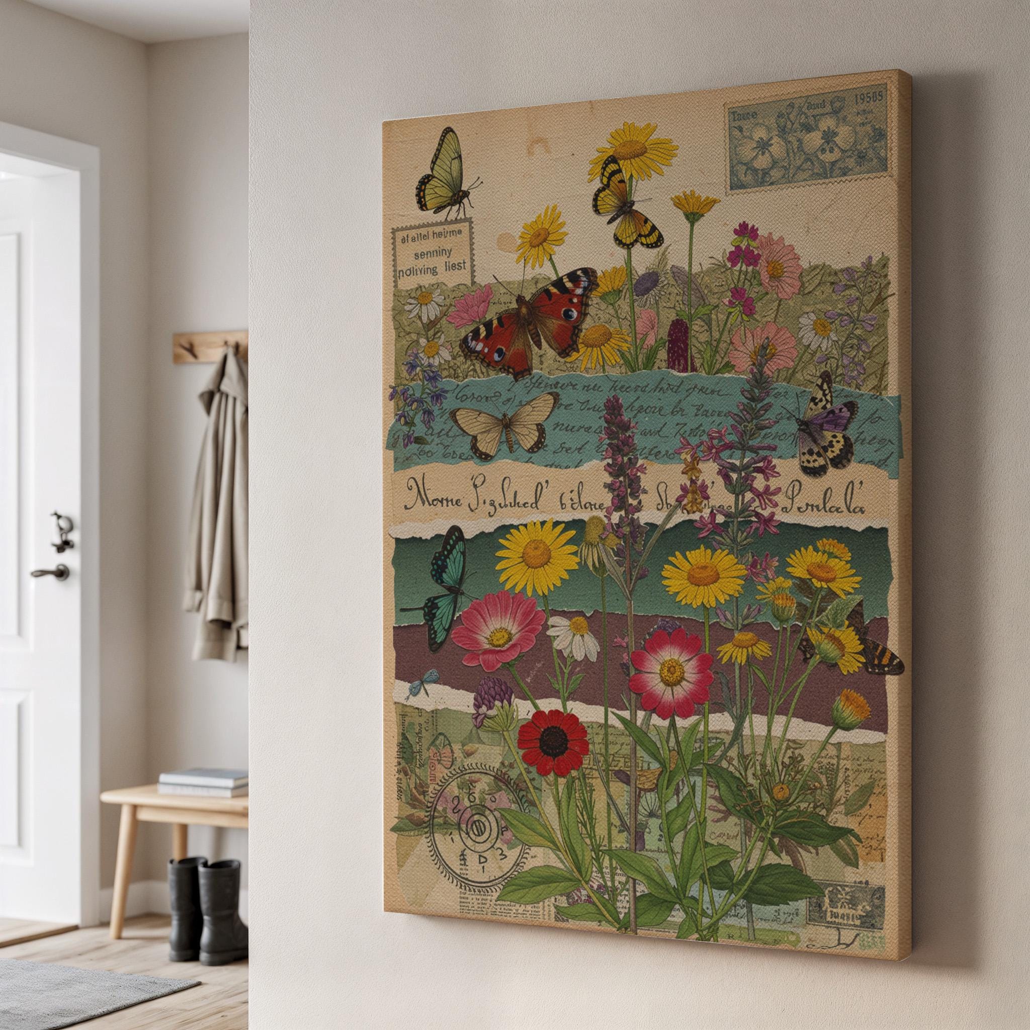 Vintage Botanical Butterfly Canvas Art, Cottagecore Floral Print ...