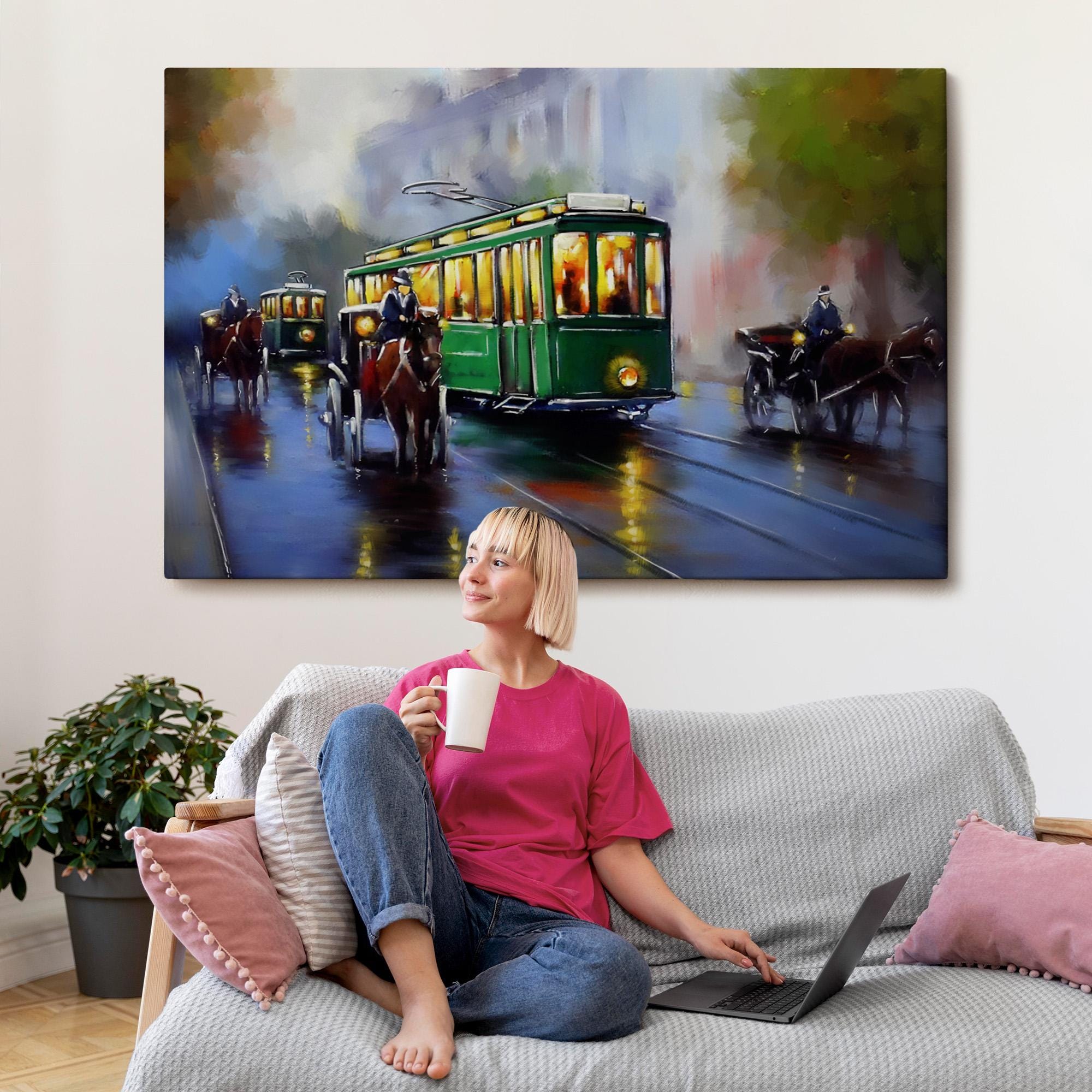 Vintage Tram Retro Oil Painting Style Decorative Canvas Wall Art ...