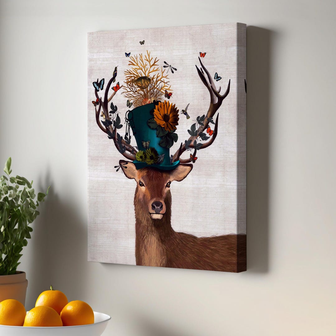 Surreal Hat-wearing Deer Decorative Wall Art, Surreal Canvas Wall Art ...