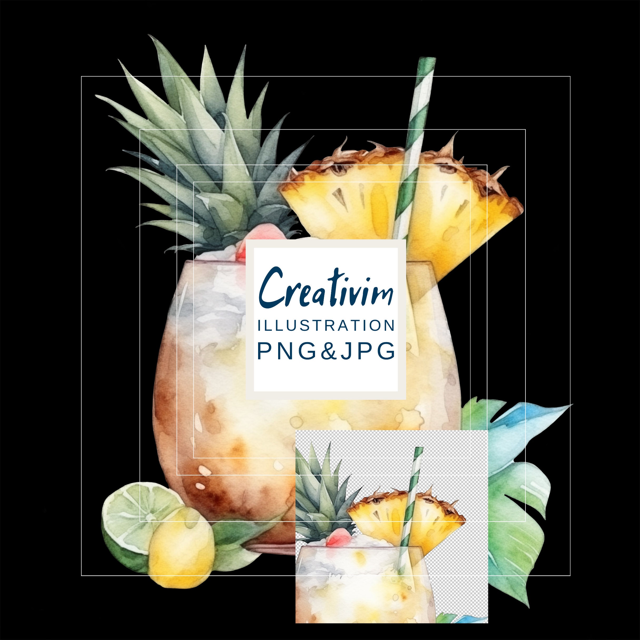 6 Watercolor Pina Colada Cocktail PNG, JPEG High Quality, Tropical ...