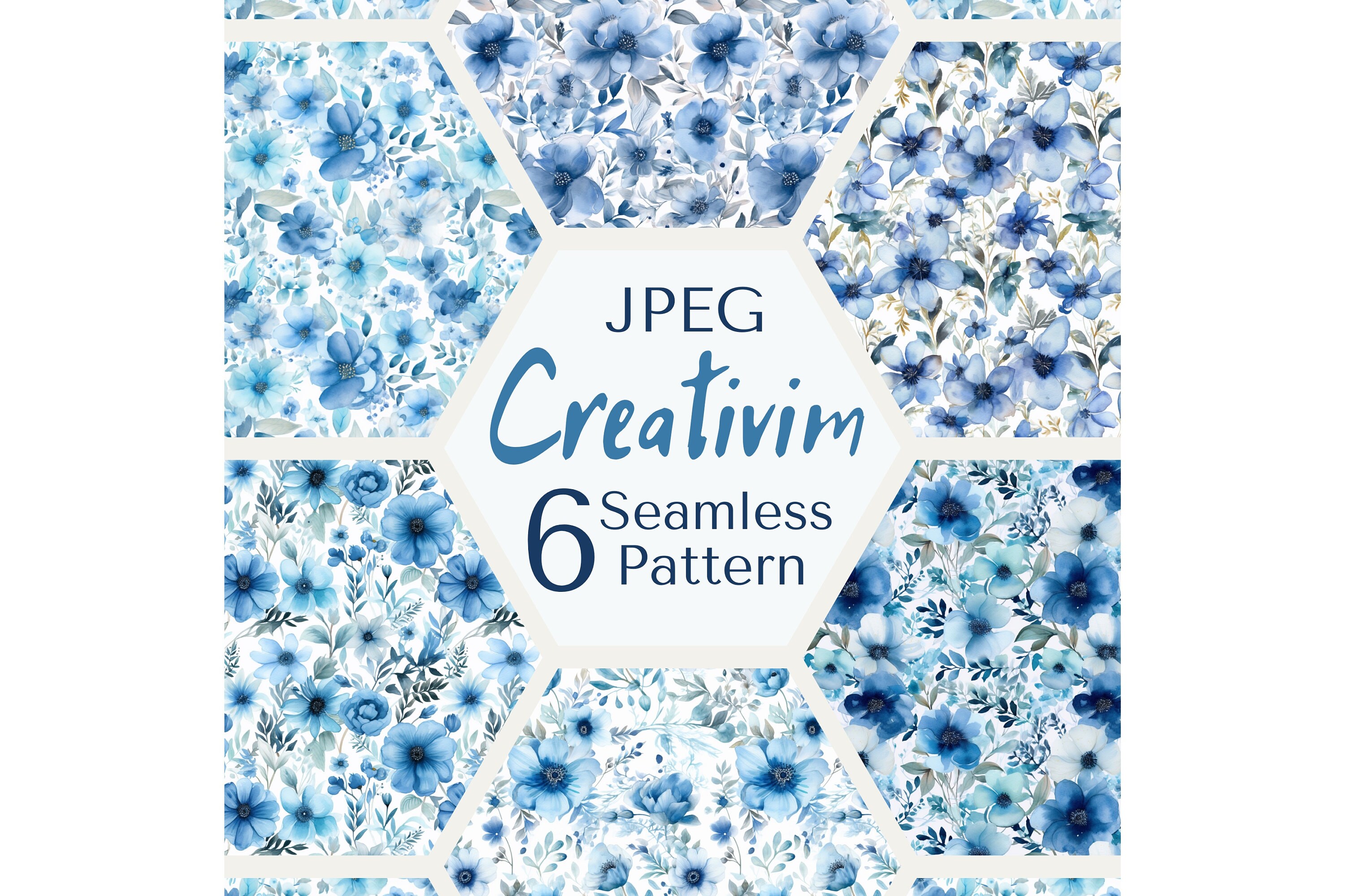 6 Watercolor Blue Flower Seamless Pattern, Watercolor Floral Paper ...