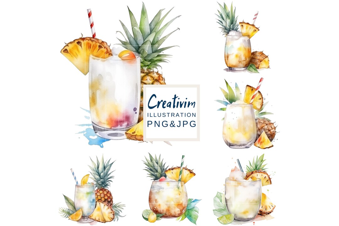 6 Watercolor Pina Colada Cocktail PNG, JPEG High Quality, Tropical ...