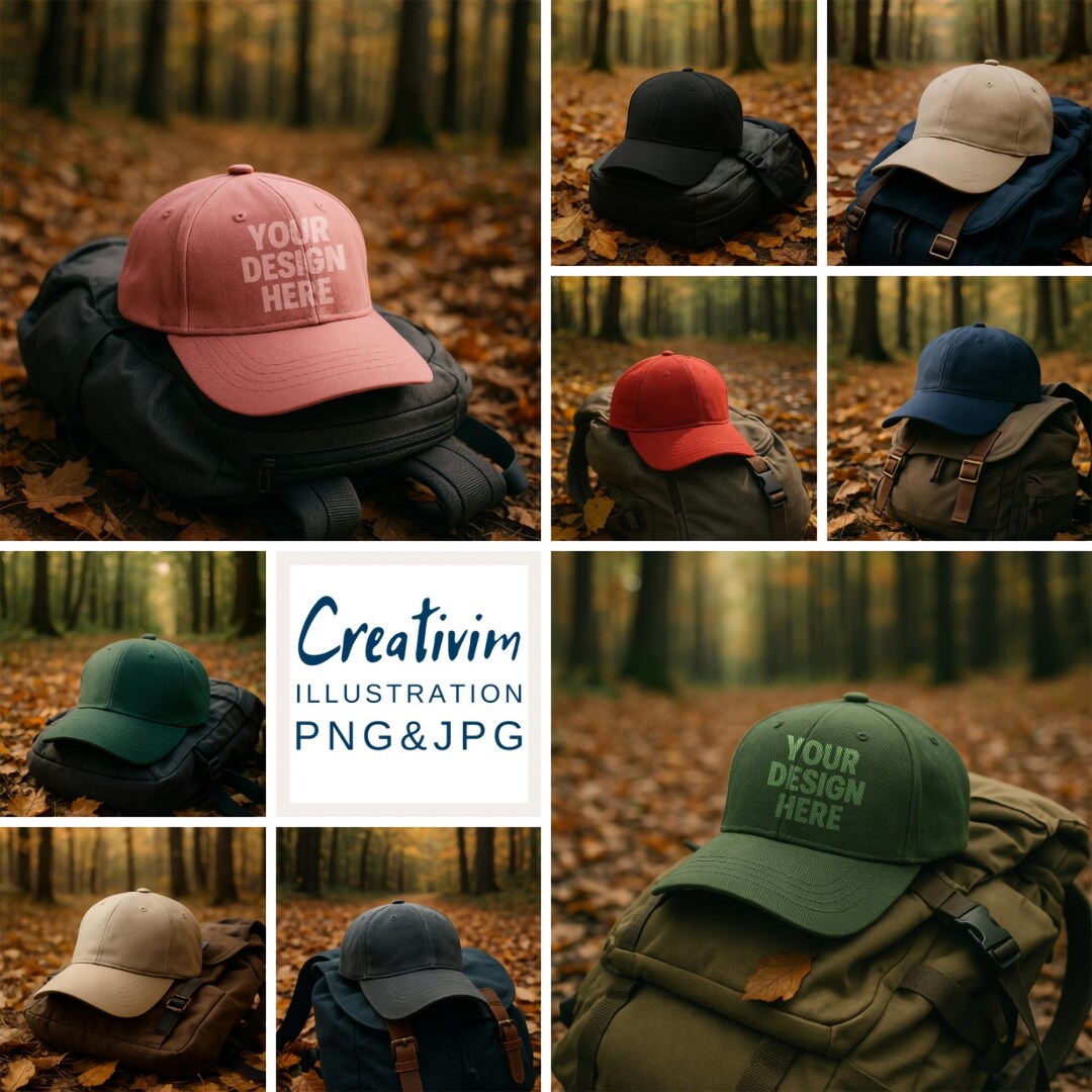 Autumn Cap Mockup Bundle | Outdoor Hat Mockups | Fall Forest Backpack ...