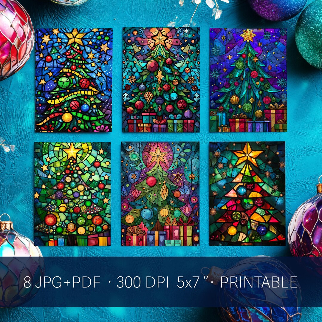 8 Stained Glass Christmas Tree Printable Set • 8 Holiday Cards • 5x7 ...