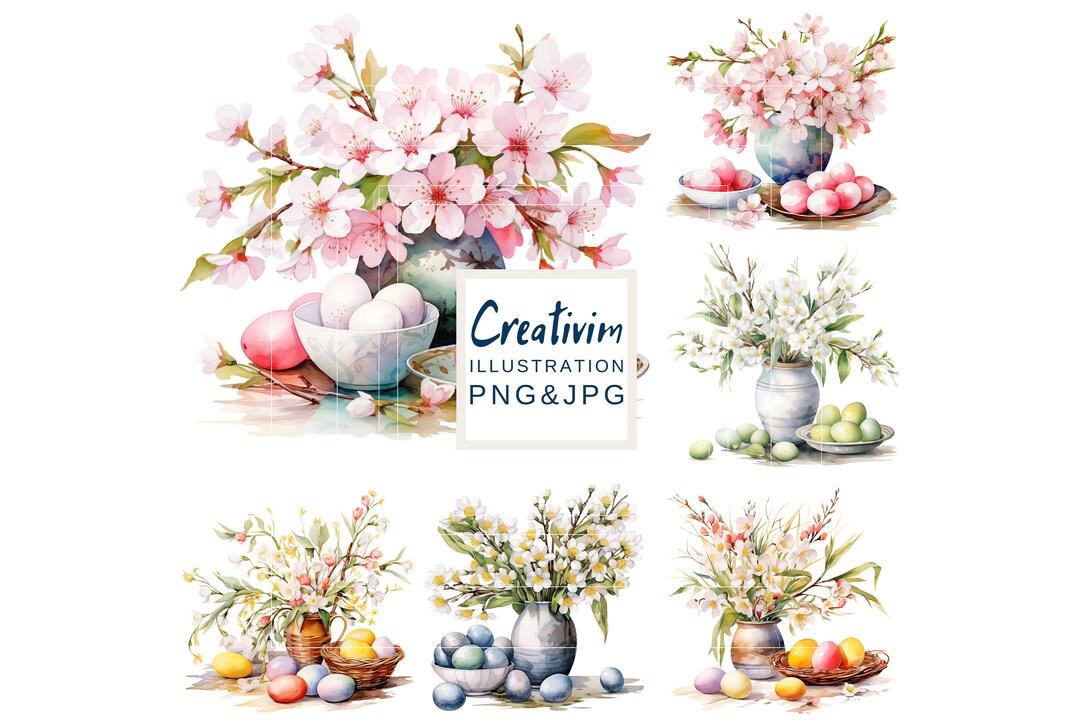 6 Watercolor Easter Clipart, Spring Flowers, Easter Eggs, 6 High ...