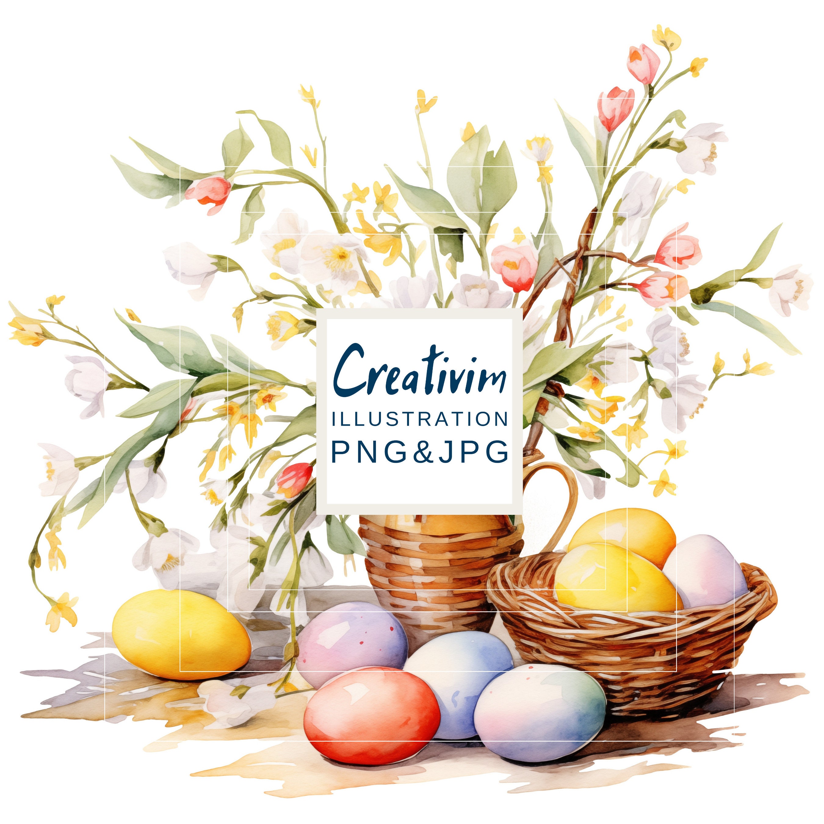 6 Watercolor Easter Clipart, Spring Flowers, Easter Eggs, 6 High ...