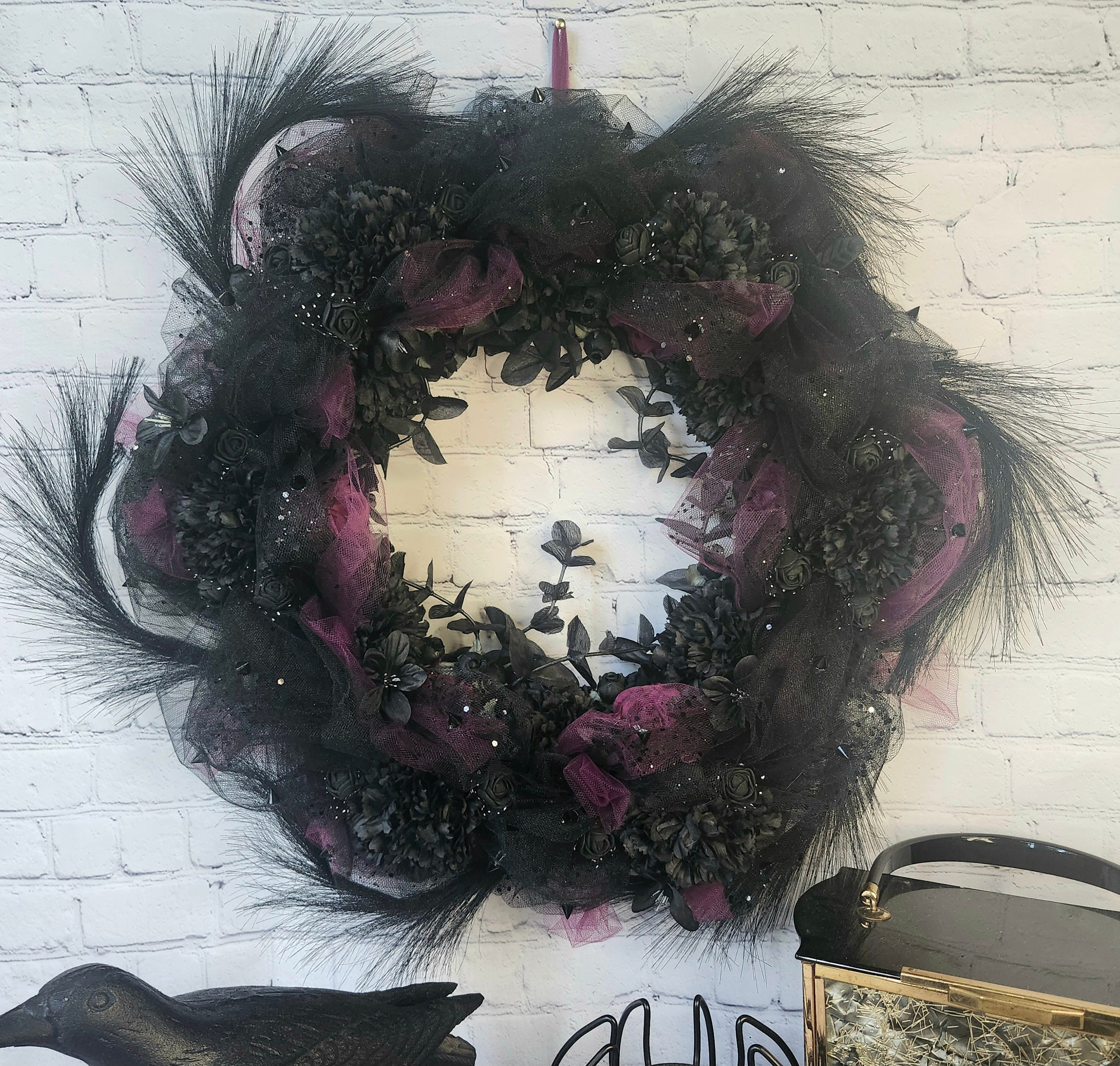 Burgundy Feather Wreath, Goth Home Decor, Halloween Decor, Witchy ...