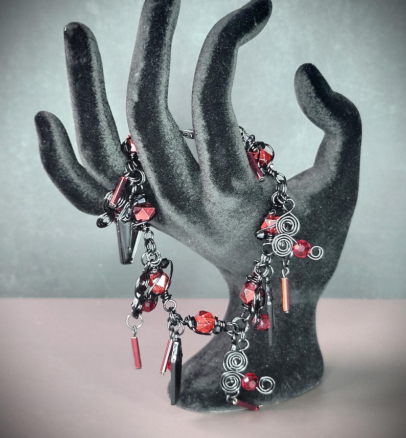 Gothic Wire-work Bracelet - Bat and Coffin Charm Bracelet With Red ...