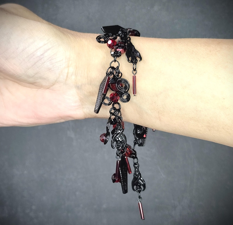 Gothic Wire-work Bracelet - Bat and Coffin Charm Bracelet With Red ...