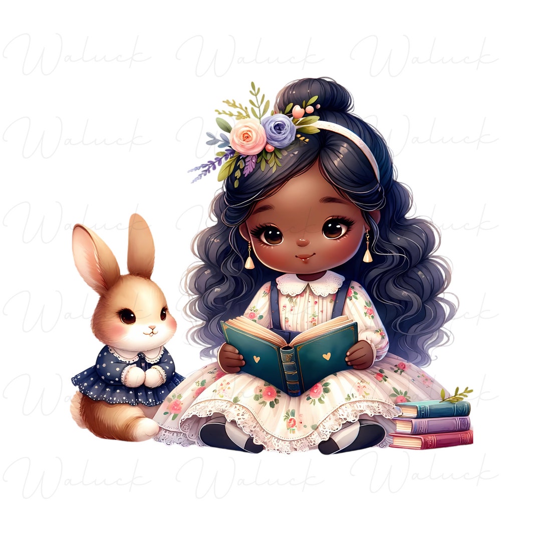 Cute Black Girl Reading a Book Clipart Watercolor, Cute Pet Clipart ...