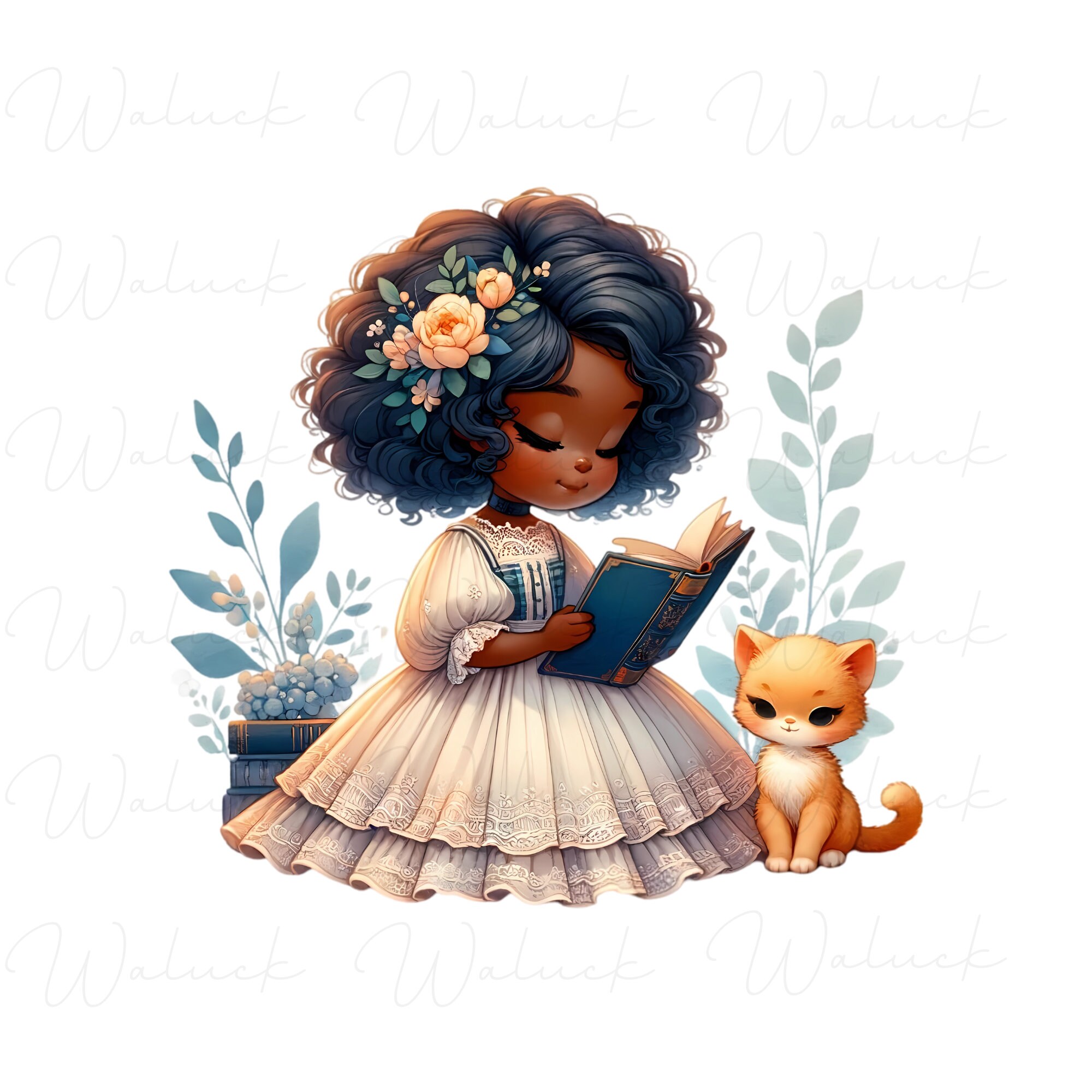 Cute Black Girl Reading a Book Clipart Watercolor, Cute Pet Clipart ...