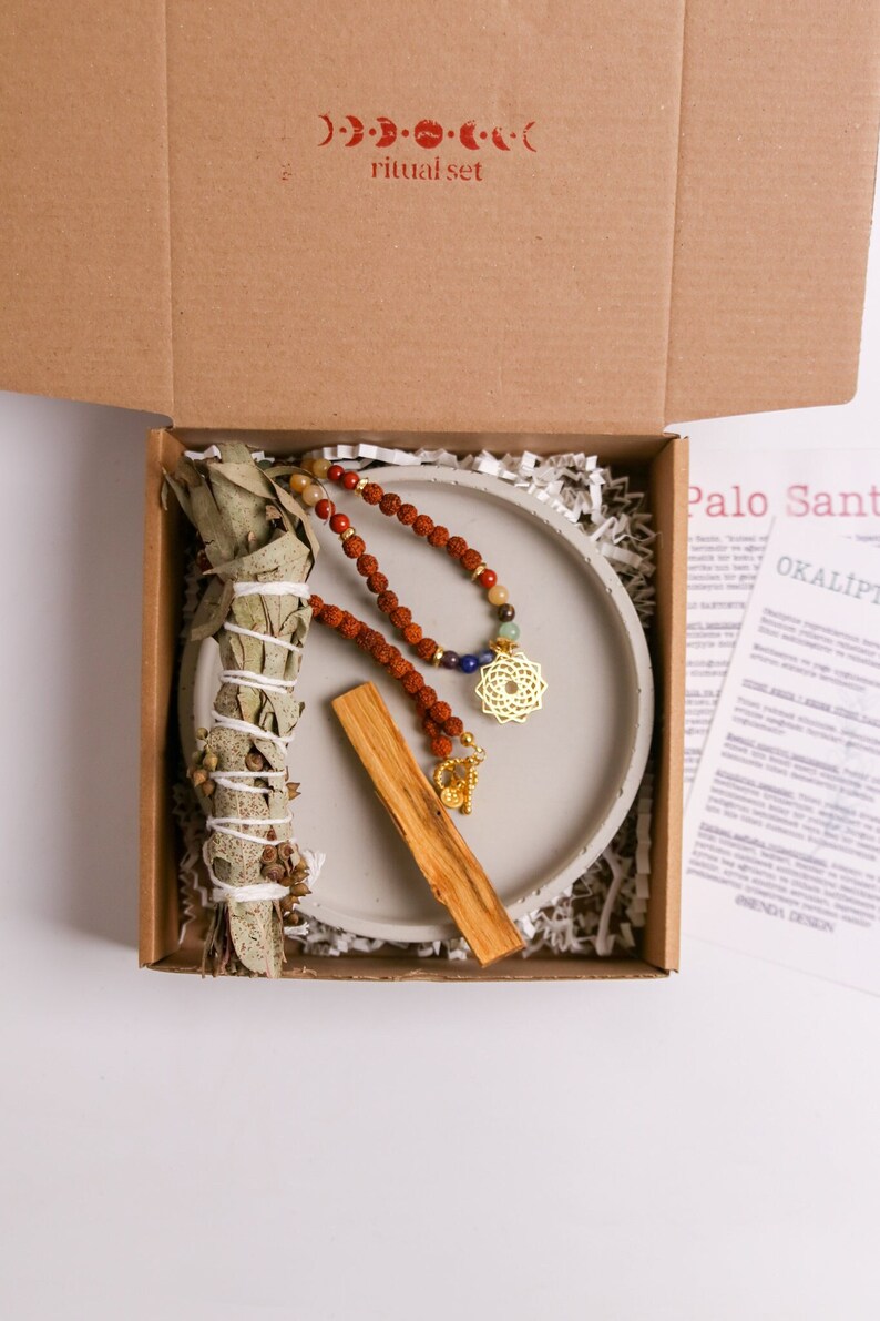 Balance and Harmony Ritual Set, 7 Chakra Rudraksha Gemstone Necklace, Eucalyptus Incense Bundle ...