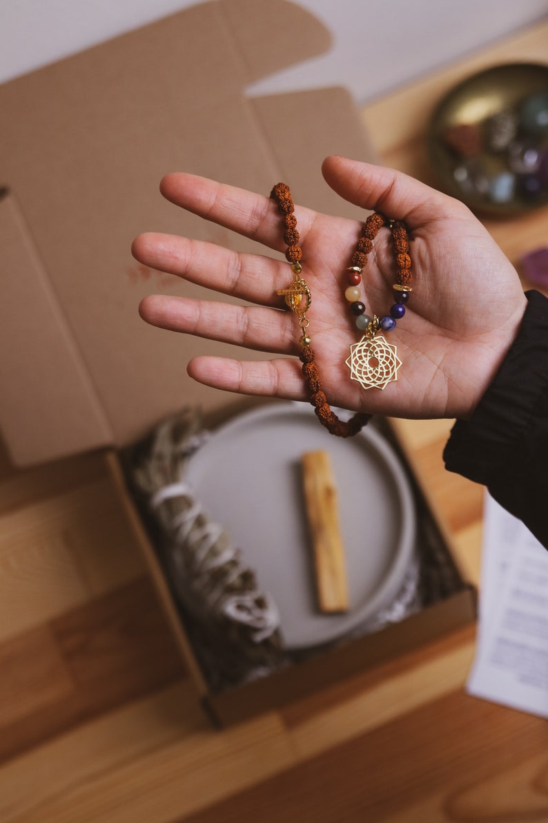 Balance and Harmony Ritual Set, 7 Chakra Rudraksha Gemstone Necklace, Eucalyptus Incense Bundle ...