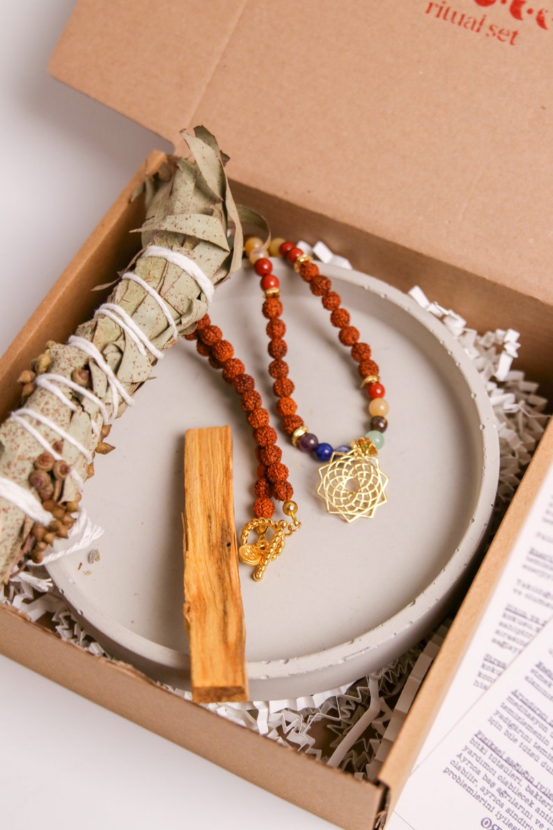 Balance and Harmony Ritual Set, 7 Chakra Rudraksha Gemstone Necklace, Eucalyptus Incense Bundle ...