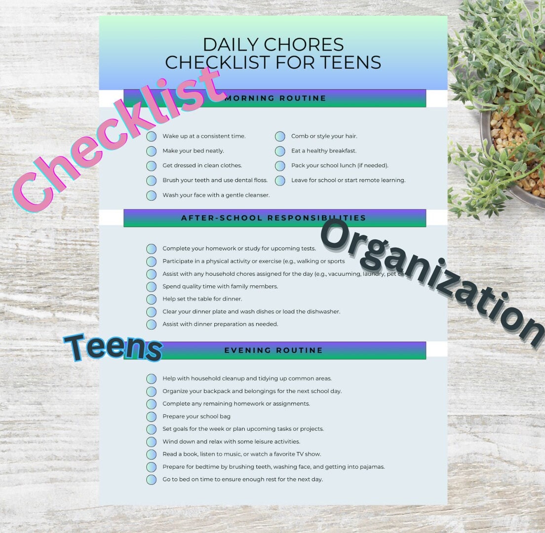 Teenager Checklist Teen Chores Printable Teen Checklist Teenager ...
