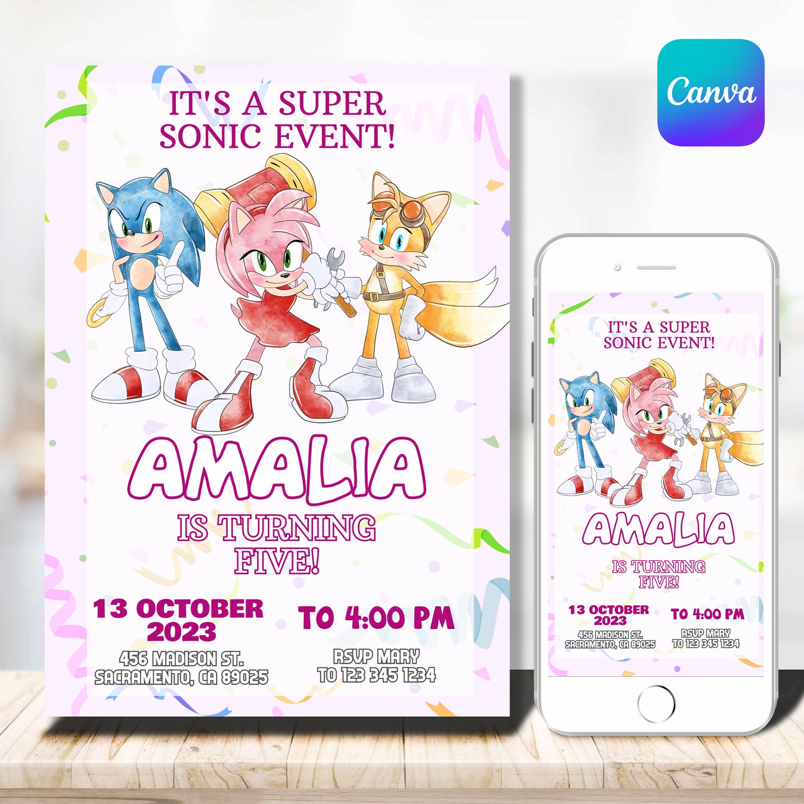 Sonic Invitation for Girls | Sonic Birthday Pink Digital Invitation ...