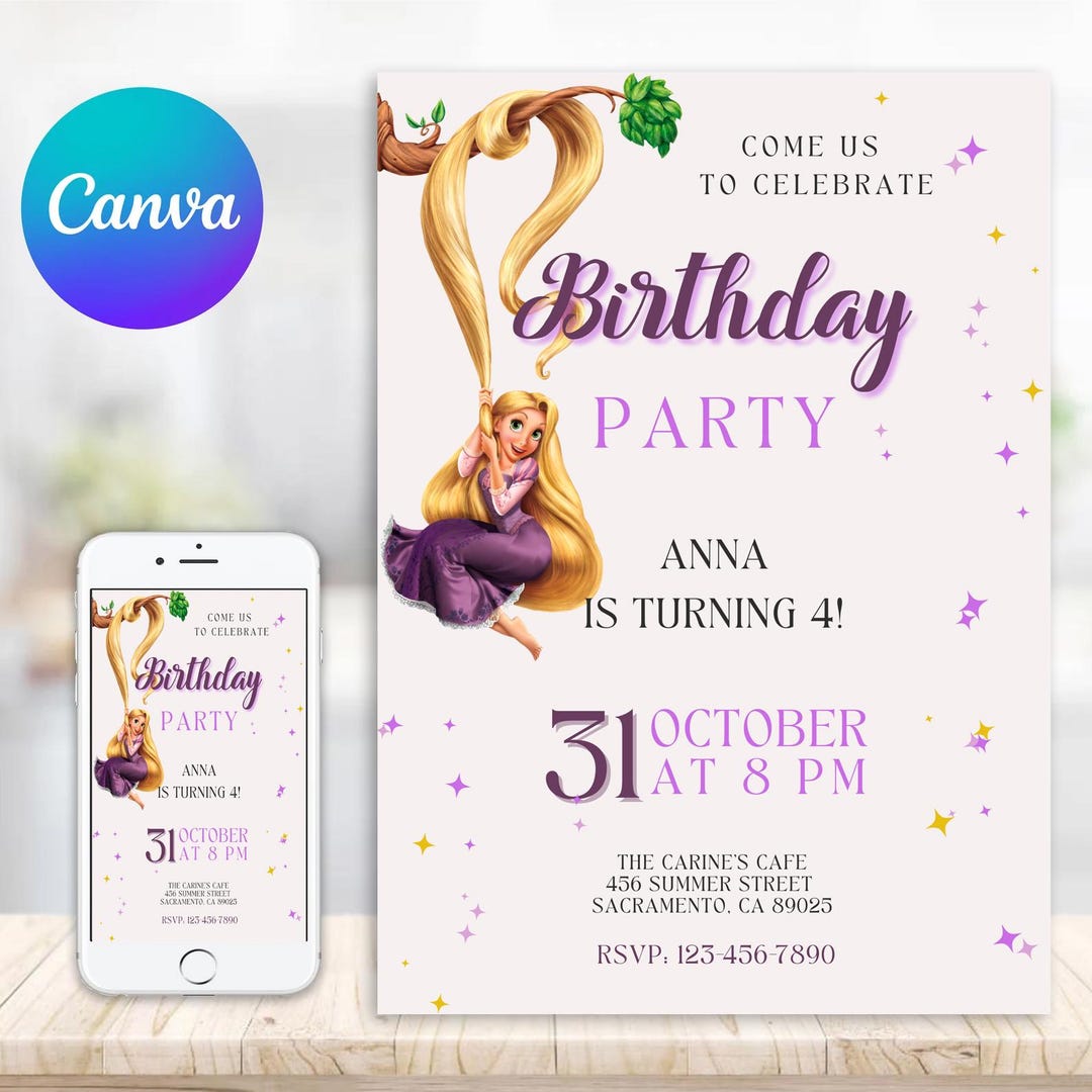Editable Tangled Birthday Invite Rapunzel Birthday Invitation, Princess ...