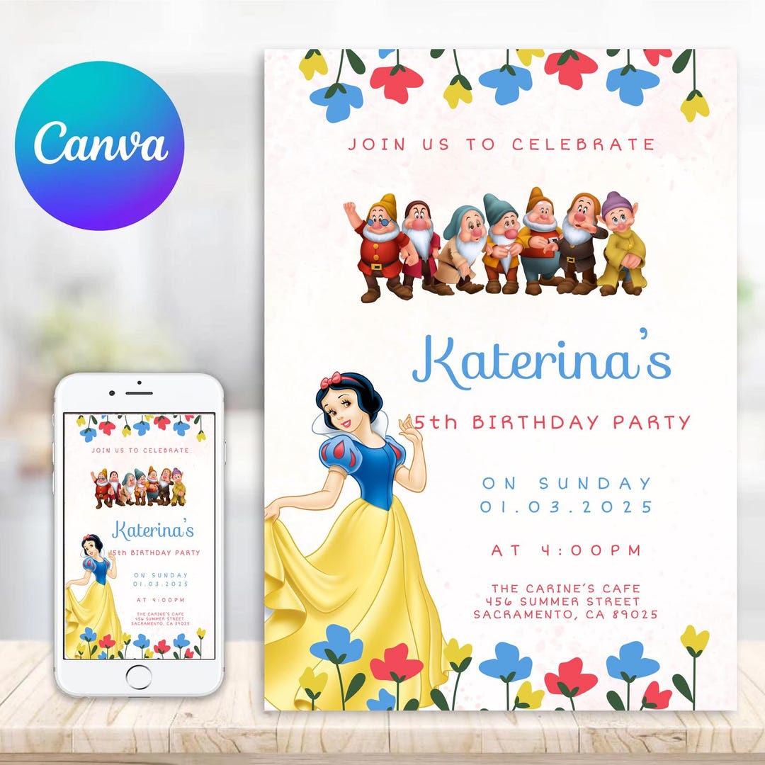 Little Princess Snow White and the Seven Dwarfs, Birthday Invitation ...