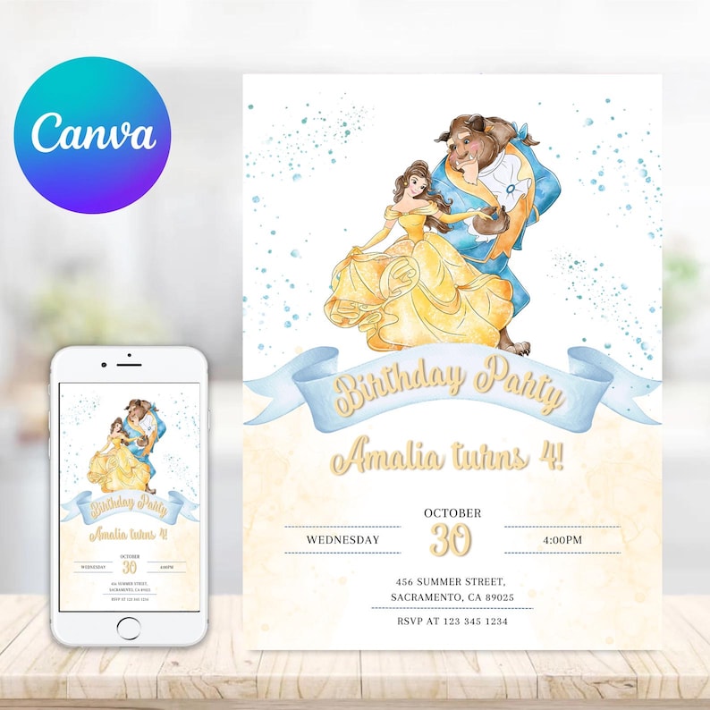 Belle Birthday Party Invitation Template, Belle Birthday Invitation ...