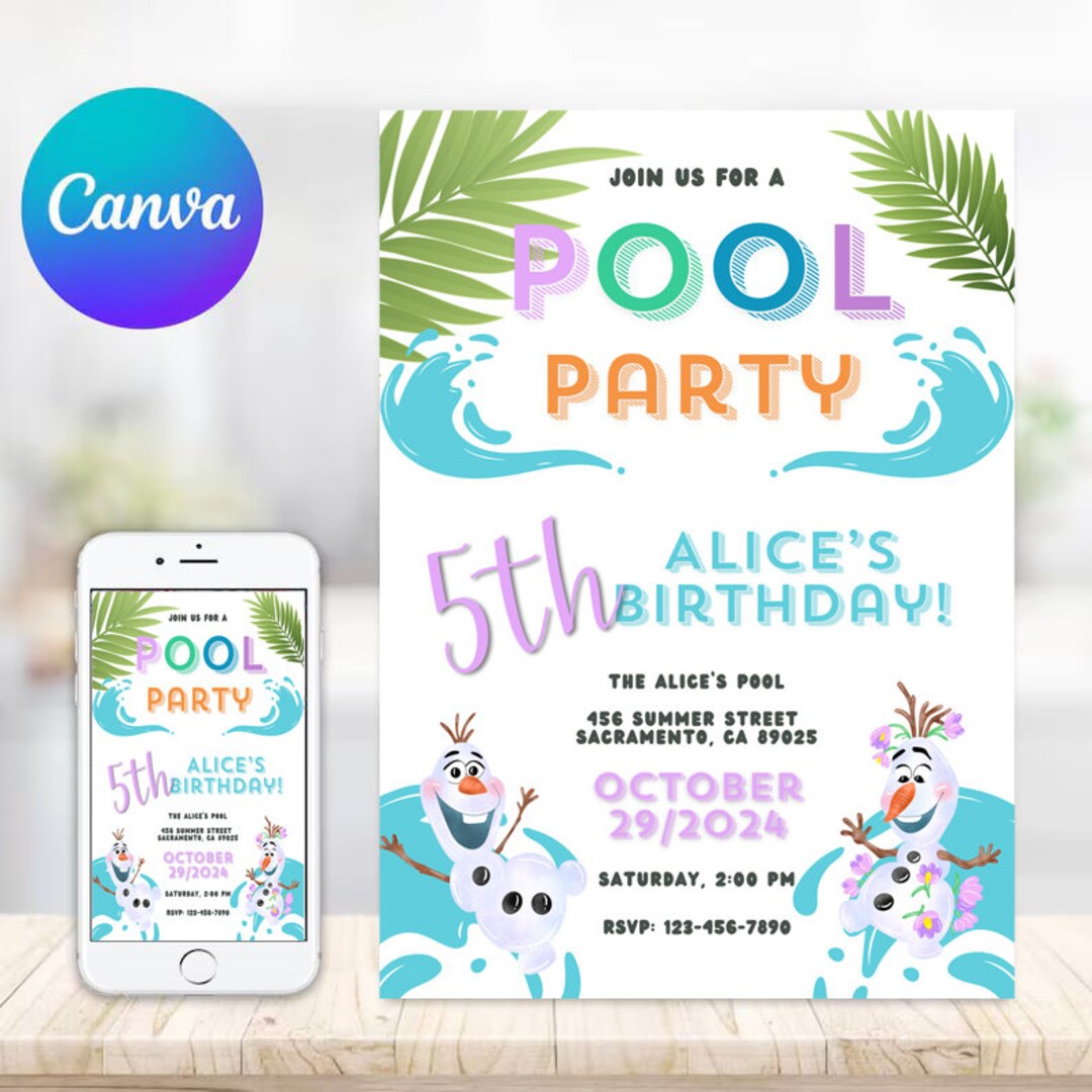 Pool Party Frozen Birthday Invitation Princess Olaf Invitation Frozen ...
