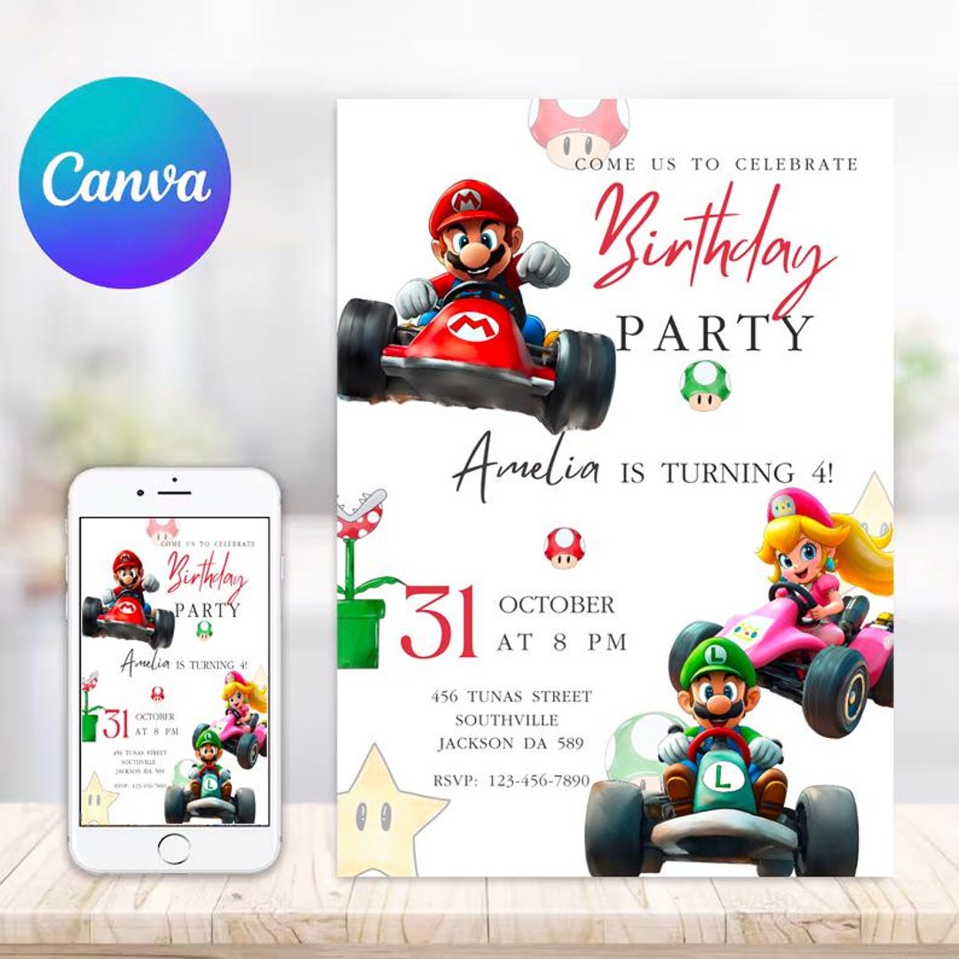 Super Mario Luigi Peach Karts Birthday Invitation | Birthday Invitation ...