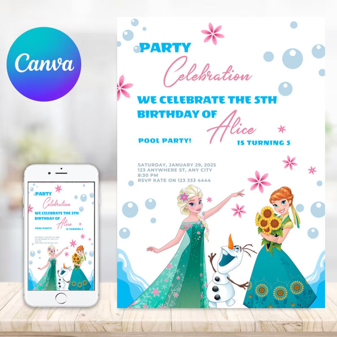 Pool Party Frozen Birthday Invitation Princess Elsa Anna Invitation ...
