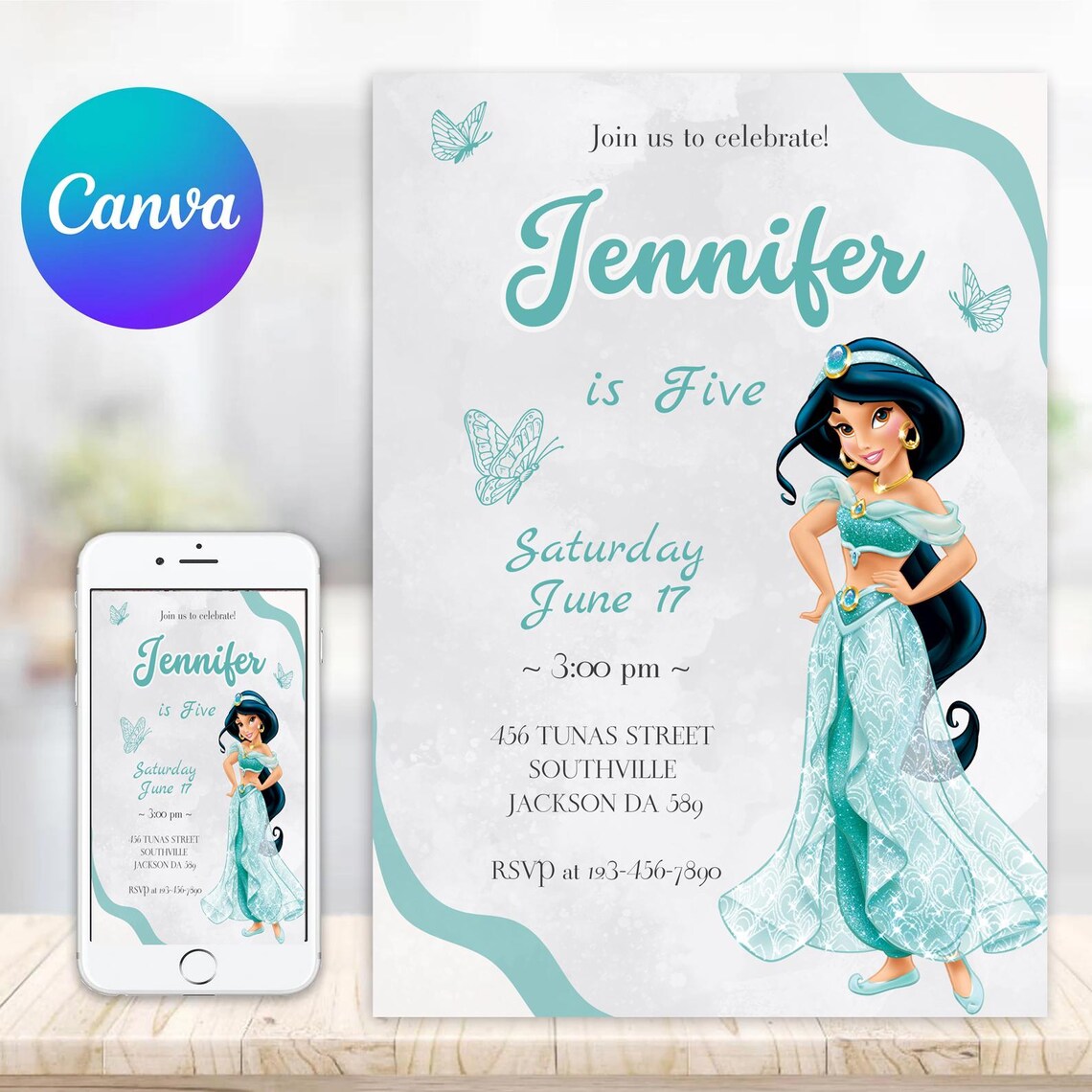 Princess Jasmine Personalized Digital Birthday Party Invitation, Kids ...