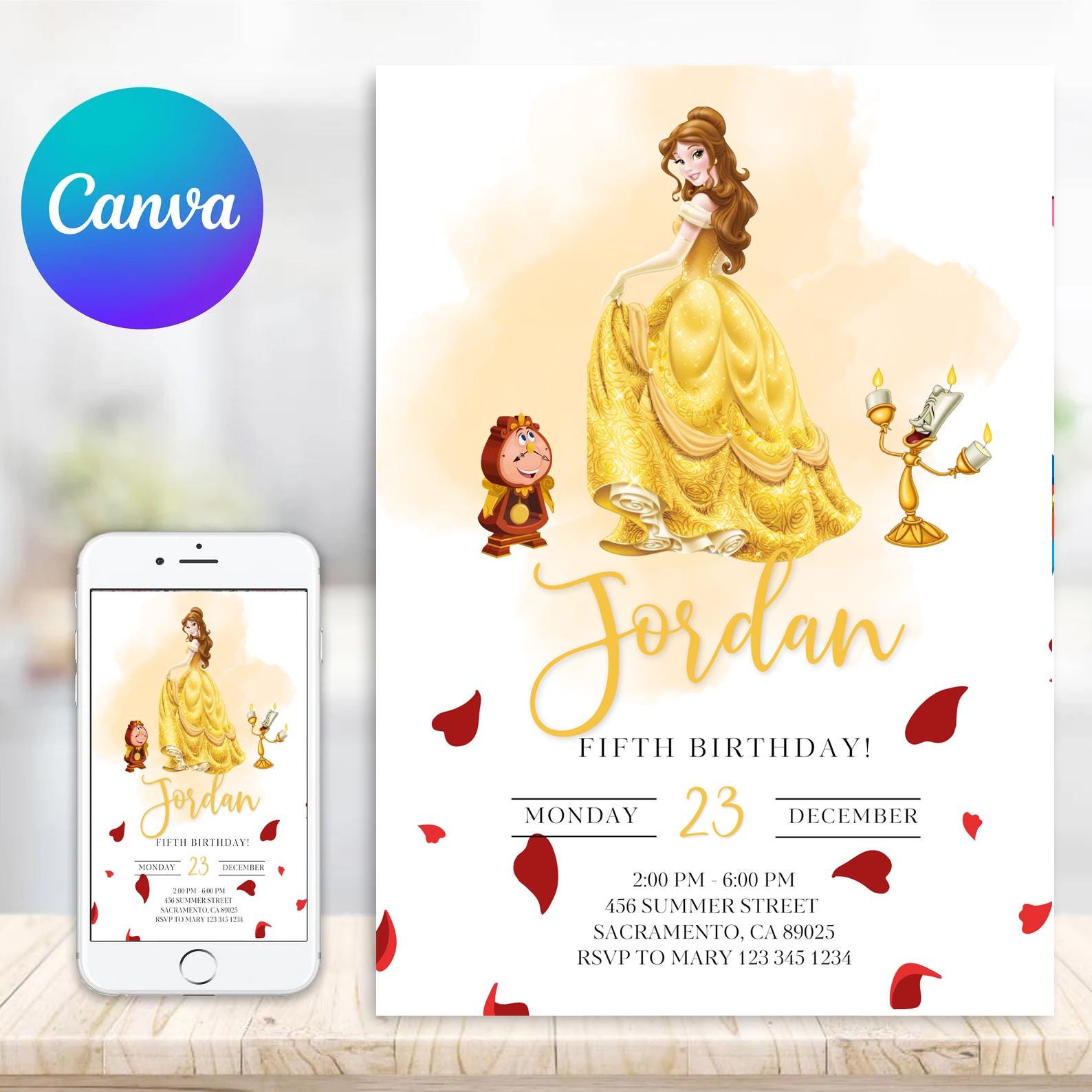 Belle Birthday Party Invitation Template, Belle Birthday Invitation ...
