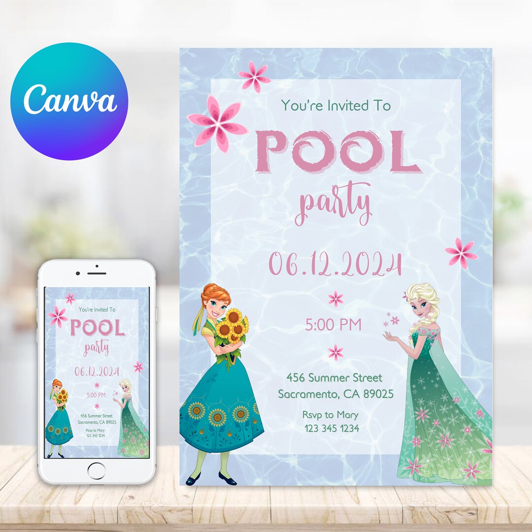 Pool Party Frozen Birthday Invitation Princess Elsa Anna Invitation ...