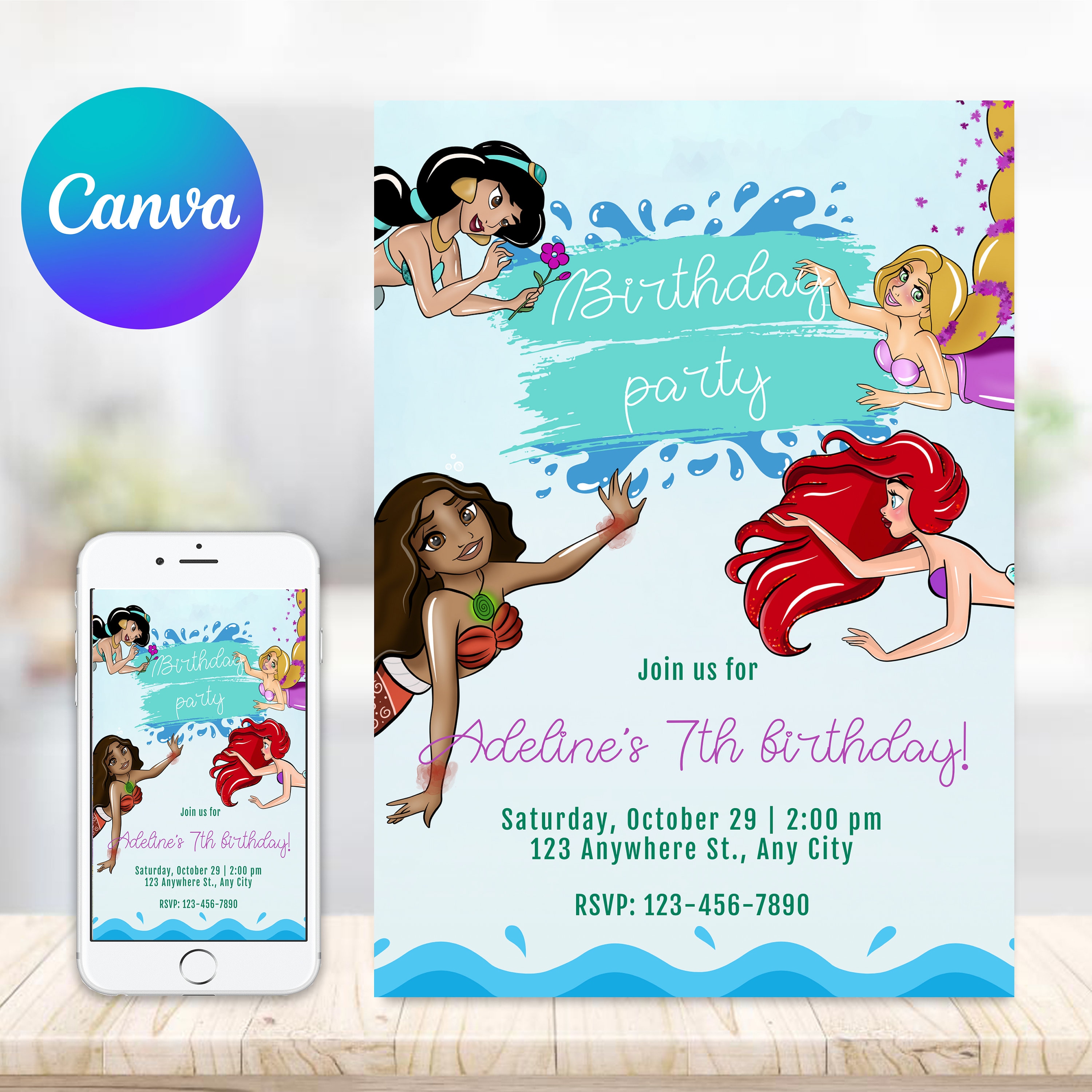 Pool Party Princess Birthday Invitation Template Editable Printable ...