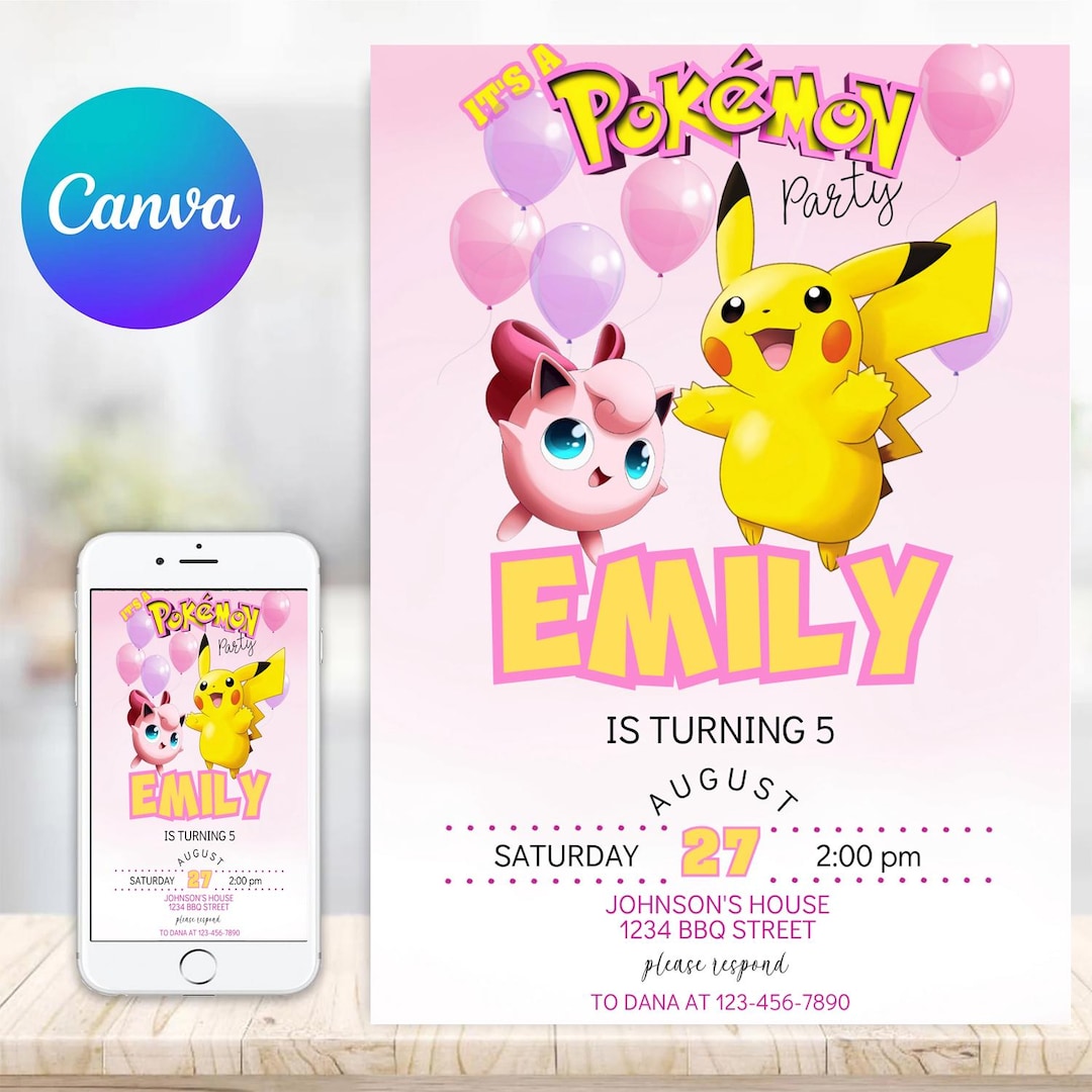 Pink Birthday Pokemon Invitation, Pikachu B-day Invite, Pokemone ...