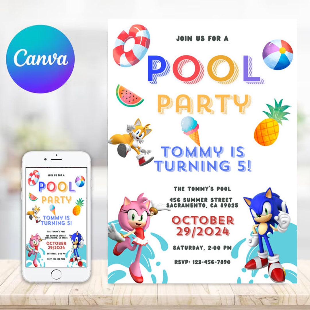 Sonic Invitation Pool Party | Sonic Birthday Party Invitations | Super ...