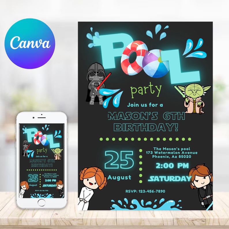 Pool Party Star War Birthday Invitation Template Printable Birthday ...