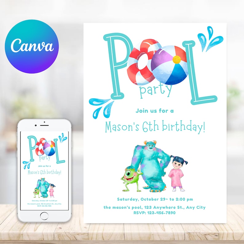 Pool Party Monster Birthday Invitation, 1st Birthday Invite, Printable ...