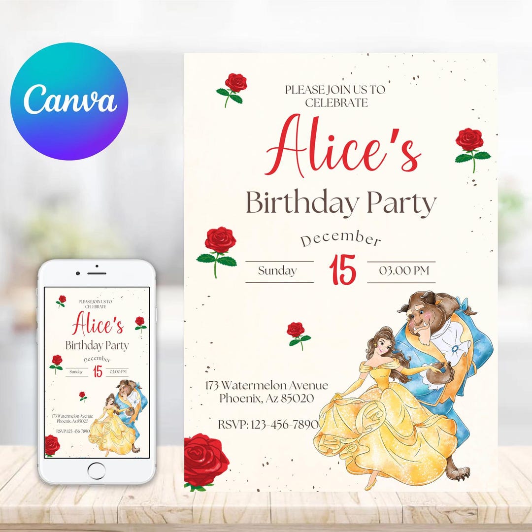 Belle Birthday Party Invitation Template, Belle Birthday Invitation ...