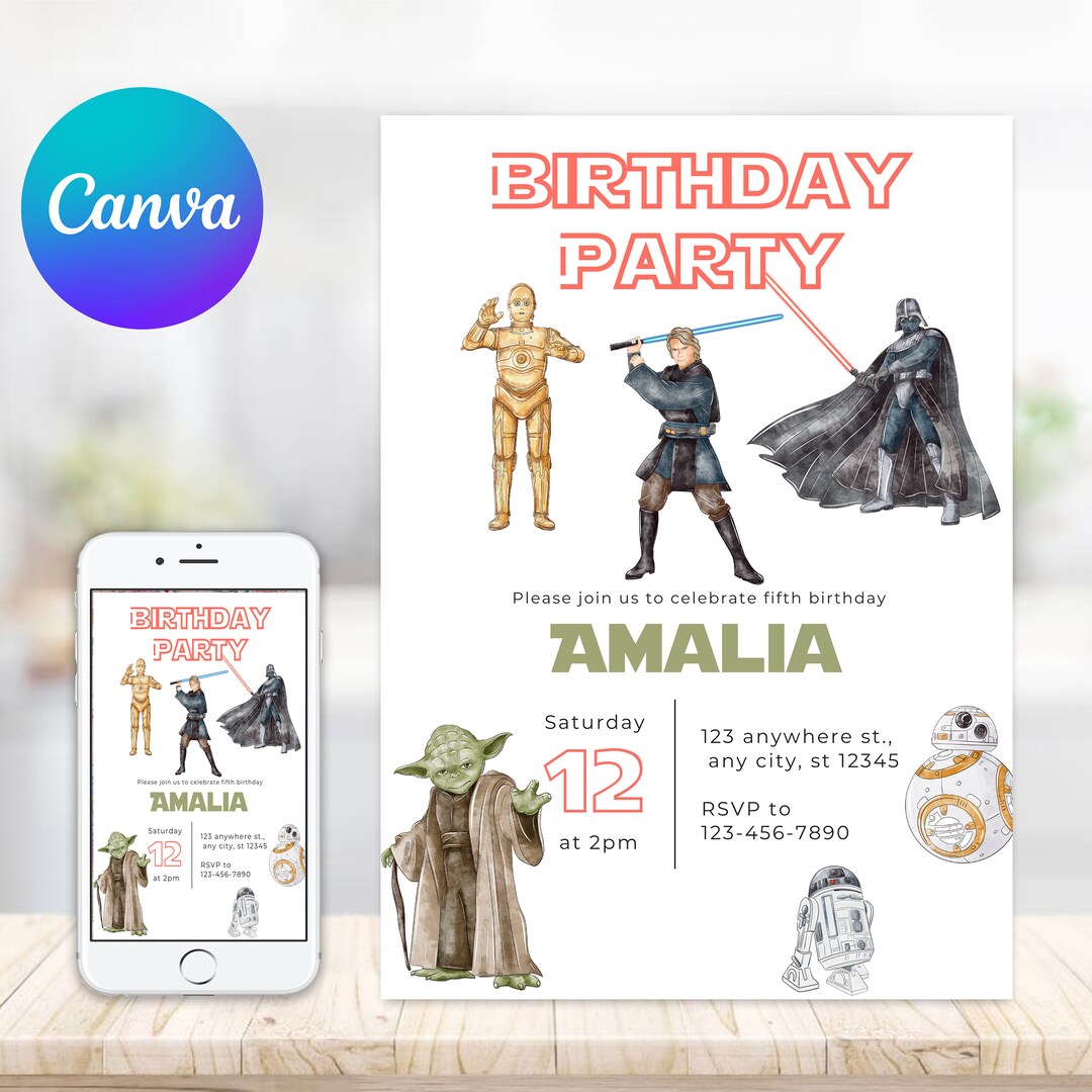 Plantilla editable de invitación de cumpleaños de Star War Invitación ...