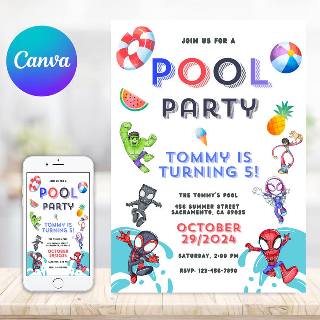 Pool Spidey and His Amazing Friends Birthday Invitation Spidey ...